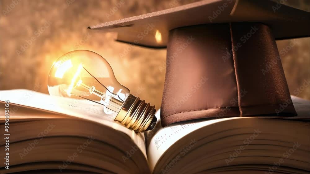 A graduation cap placed on an open book next to a light bulb ...