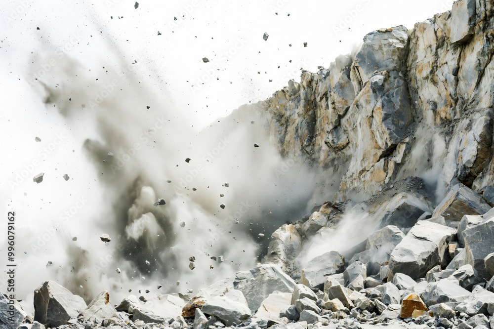 Massive dust cloud billows from quarry explosion, rocks flying. Raw ...
