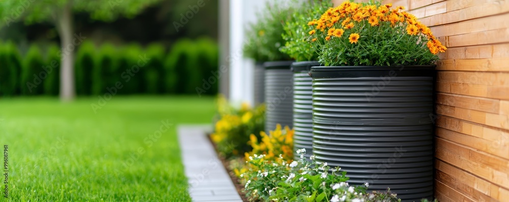 Modern water collection system integrated into a garden landscape ...