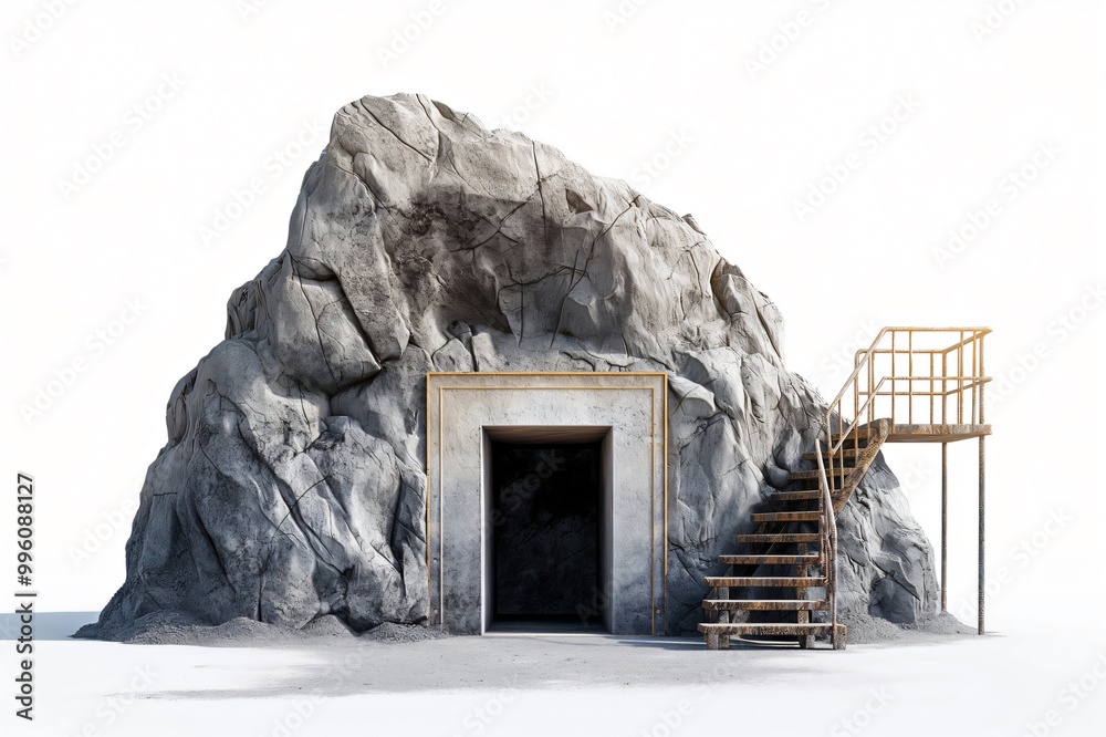 Mine shaft entrance with metal stairs leading underground into a dark ...