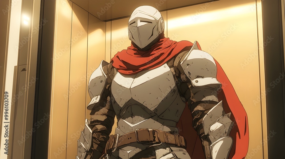 Armored Anime Knight Bracing for Battle in a Modern Elevator Stock ...