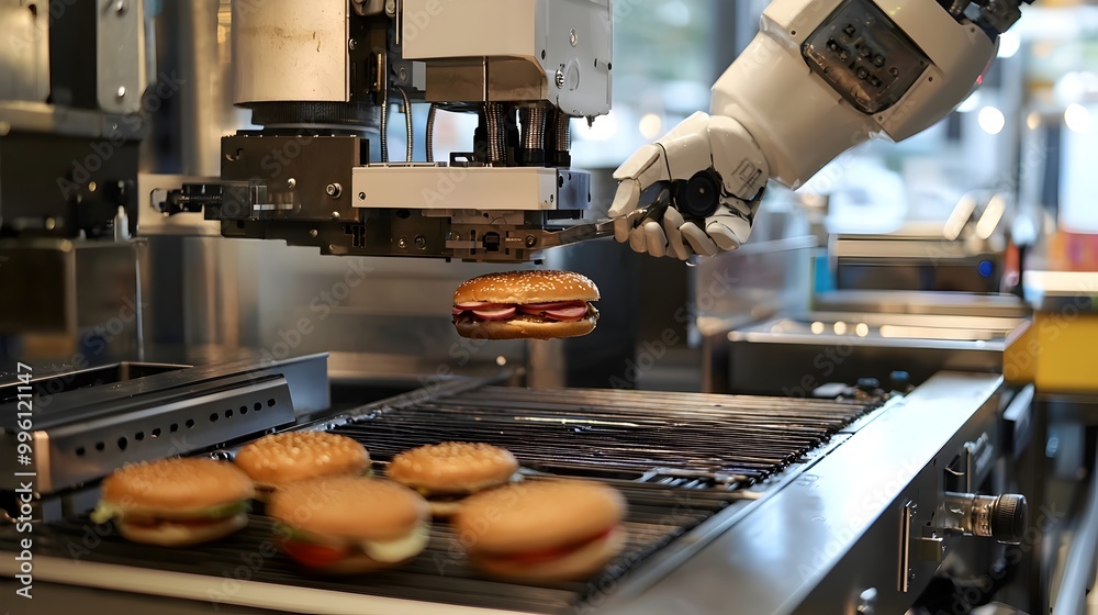 Robotic Chef Flipping Burgers on a Smart Grill in a Futuristic Food ...
