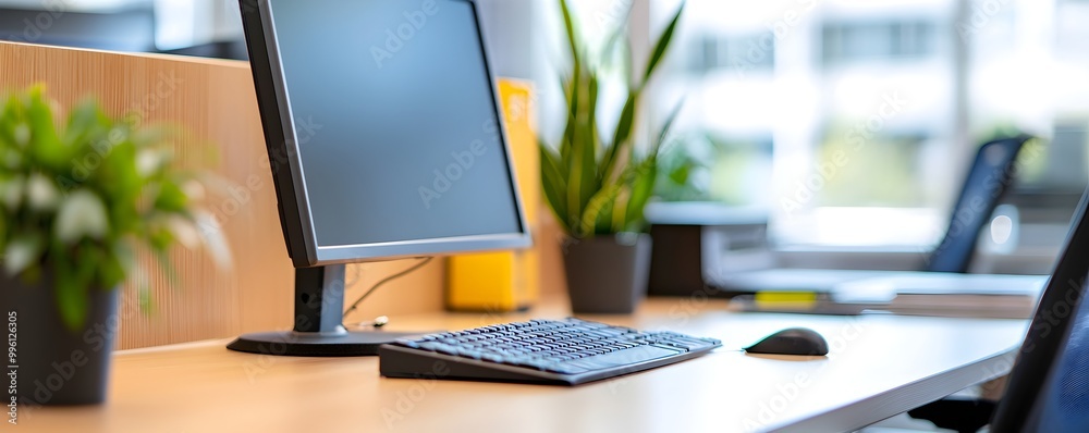 Modern Tech-Organized Workspace with Integrated Greenery - Promoting ...