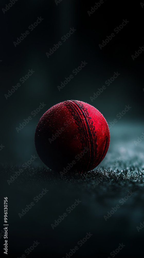 red cricket ball rests on dark surface, illuminated by soft glow ...