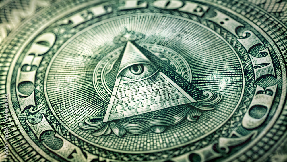 Illuminati symbol on a one dollar bill, pyramid, eye of providence ...
