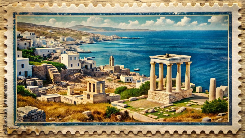 Vintage postage stamp featuring the Island of Mykonos ruins in Greece ...