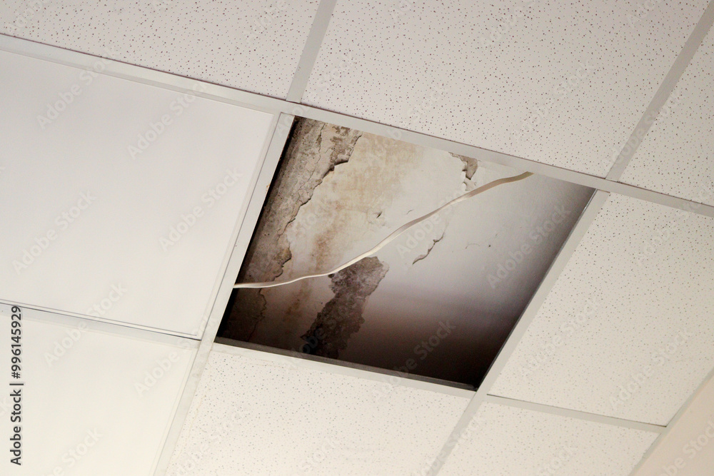 Photography of a ceiling tile damage by water.mildew.brown stain ...