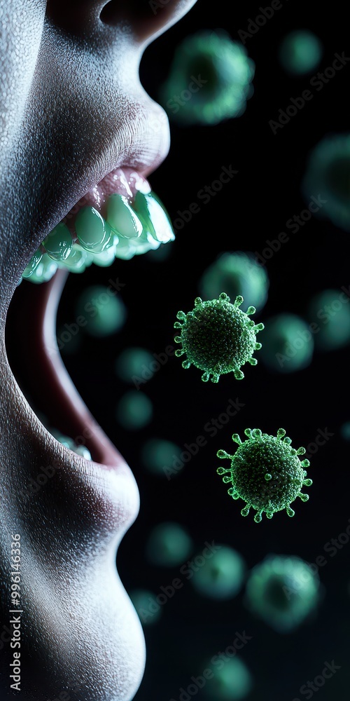 Illustration of a mouth open wide, with viruses depicted in green ...
