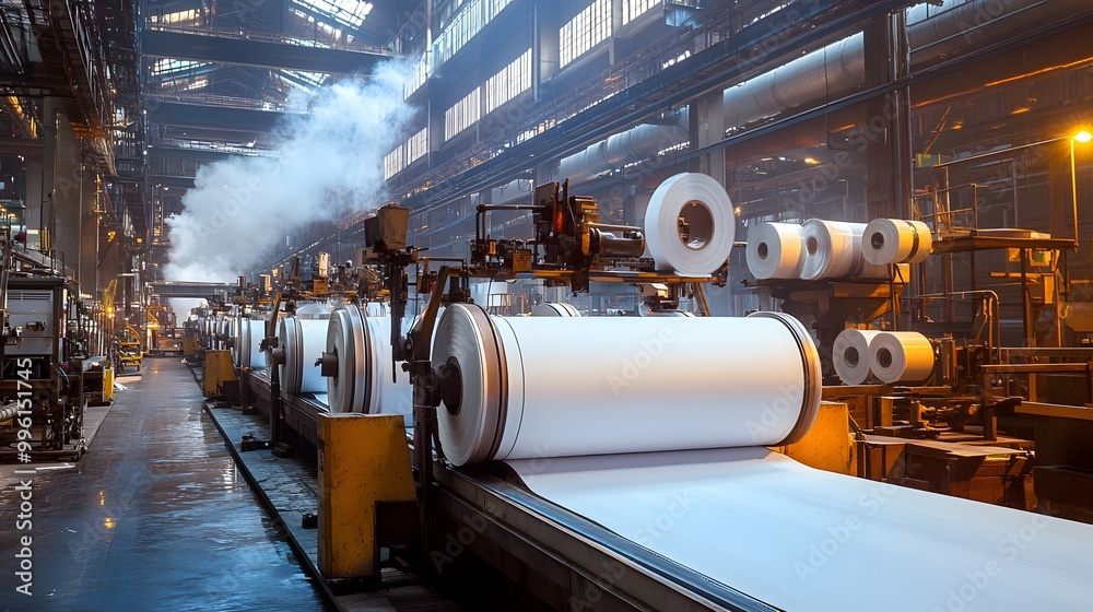 Large rolls of paper being manufactured in a paper mill, highlighting ...