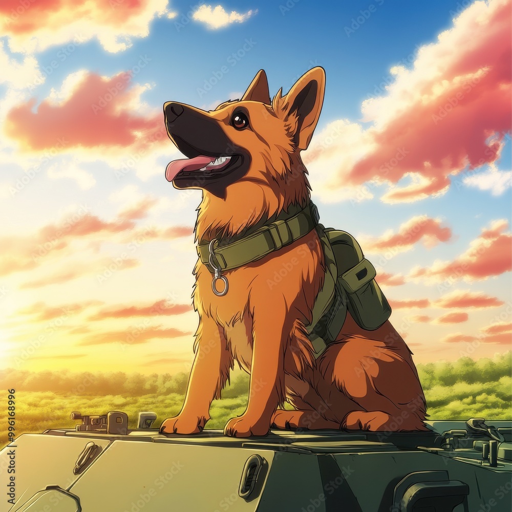 An animated German Shepherd sits proudly on a tank, set against a ...