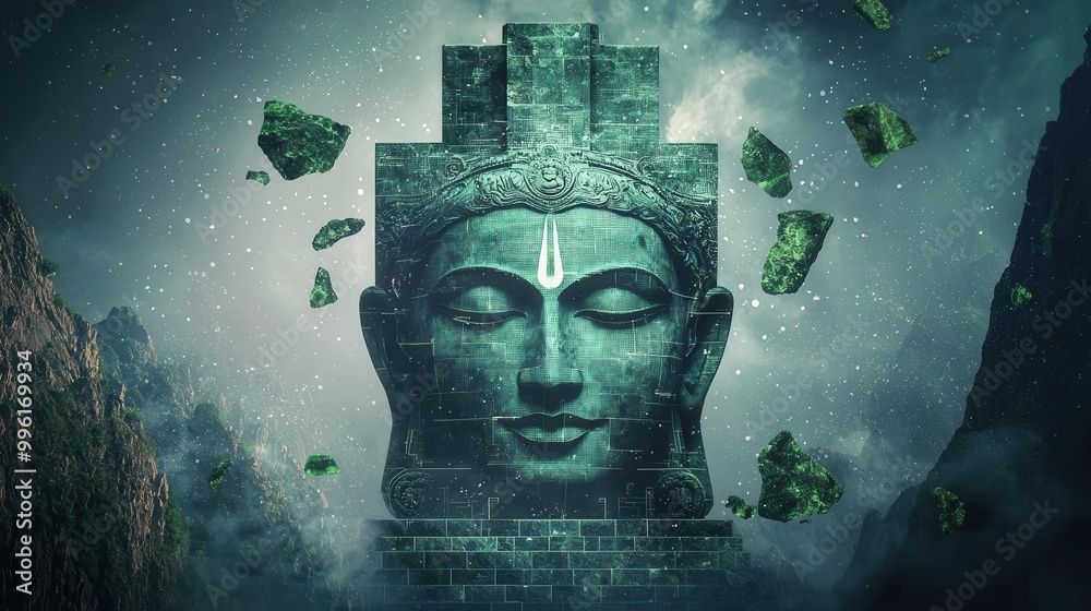 Futuristic art of Vishnu in a cyberpunk setting, blending ancient ...