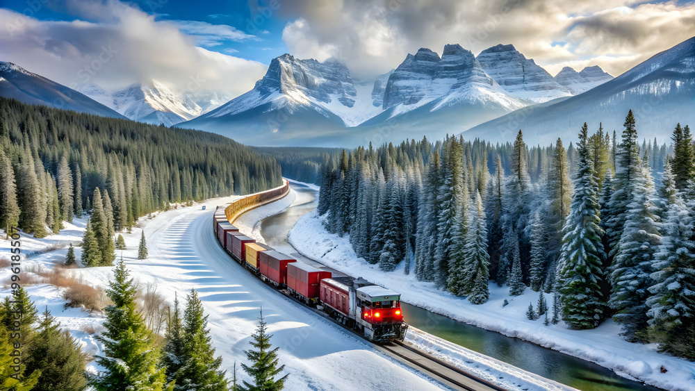 Cargo train passing through snowy Morant's Curve in Banff, Canadian Pacific Railway in Winter ...