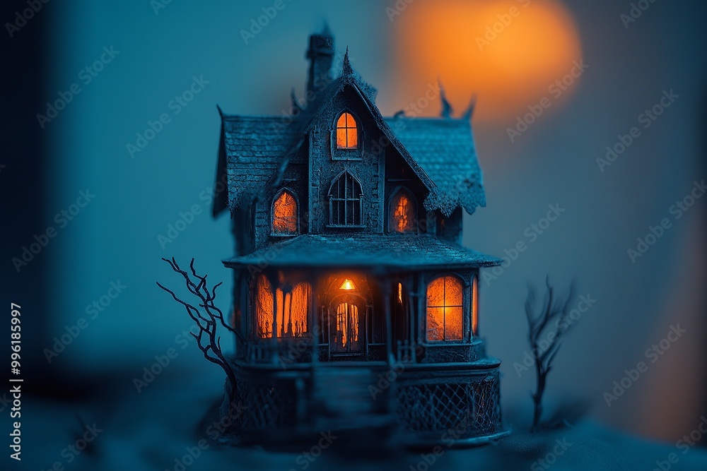 Haunted house art installation with eerie lighting effects on solid ...