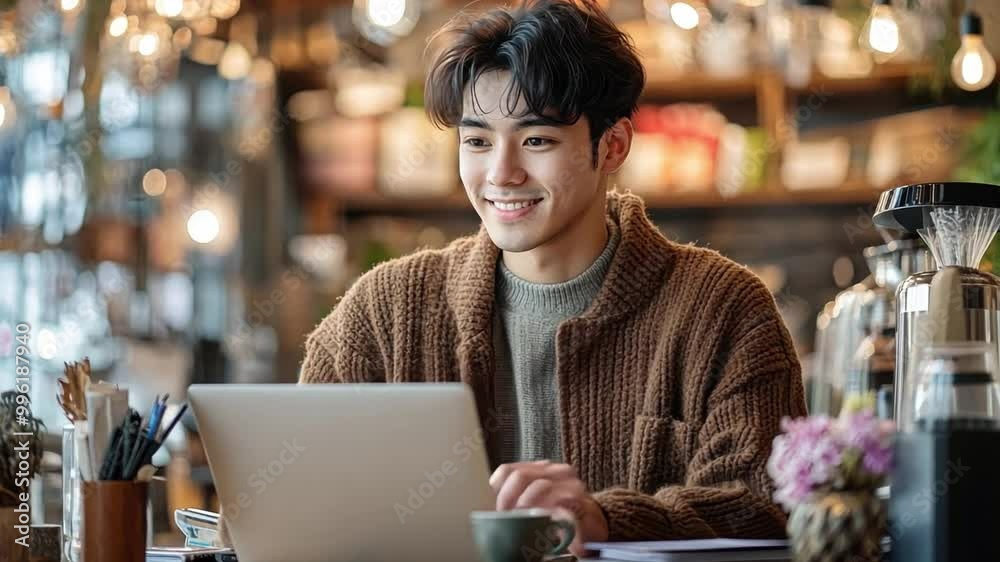 A young man Asian is leading a client presentation, using digital tools ...