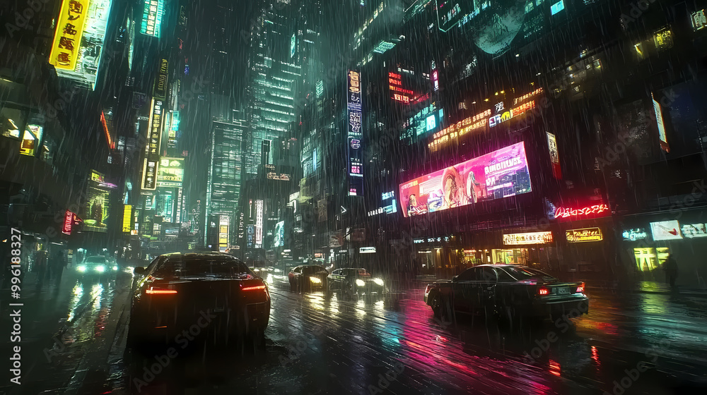 Generative AI, Towering Neon: Futuristic City with Cyber Humans Stock ...