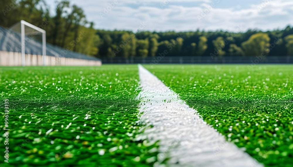 Detailed view of white touch line on vibrant green artificial grass ...