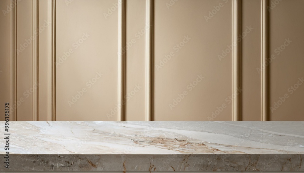 Beige tabletop on classic wall panels background. Empty concrete ...