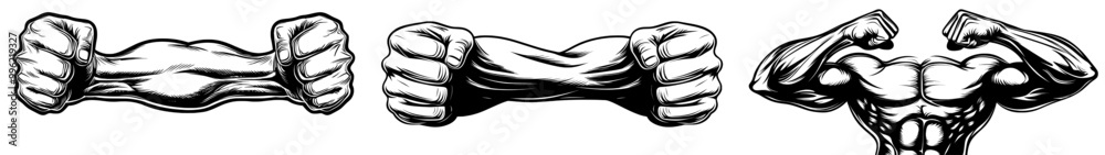 Strong arm muscle flex emoji line or flat black icon set. Handdrawn ...