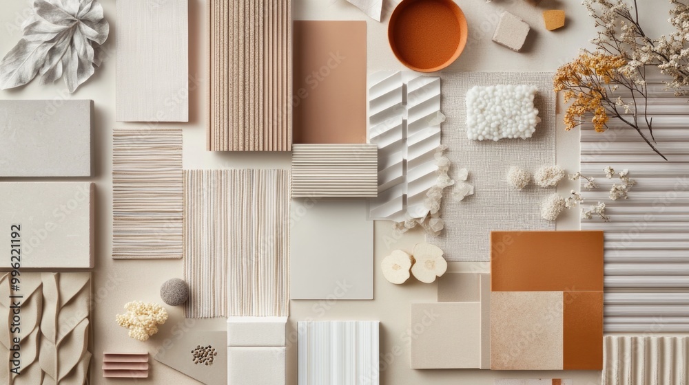 Modern flat lay composition in warm neutrals color palette with textile ...