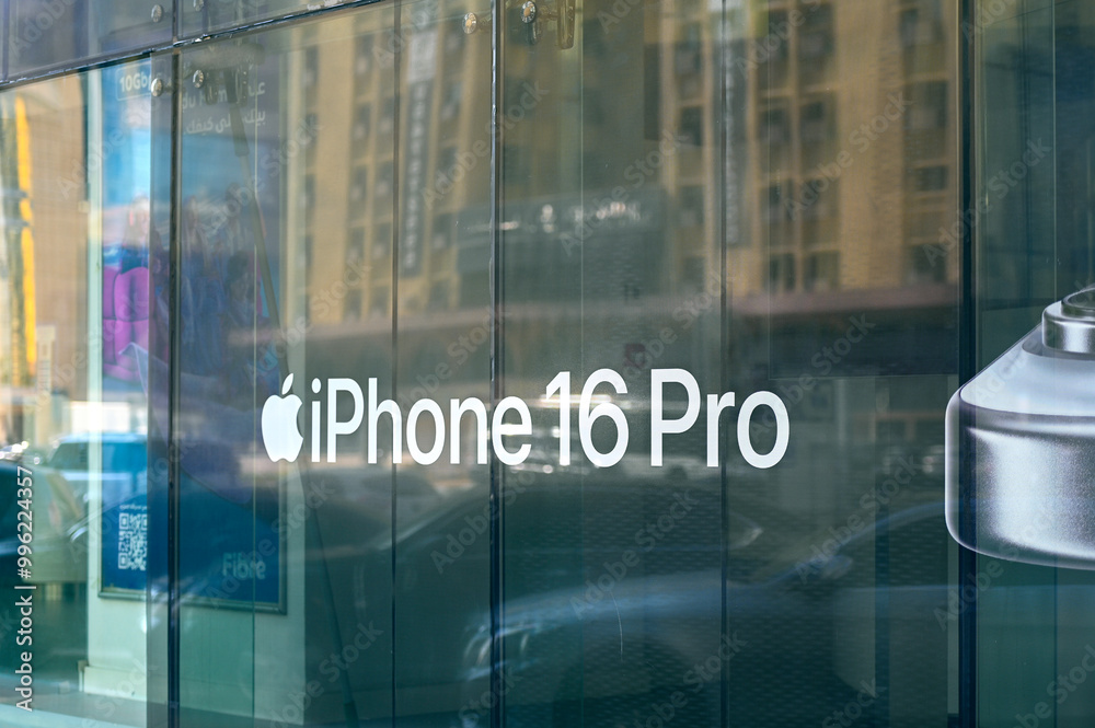 ABU DHABI - SEPT 20: Advertising banner with new Iphone 16 PRO on Store ...