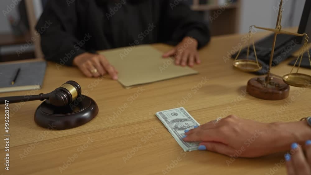 Judge receiving stack of hundred dollar bills from woman in office with ...