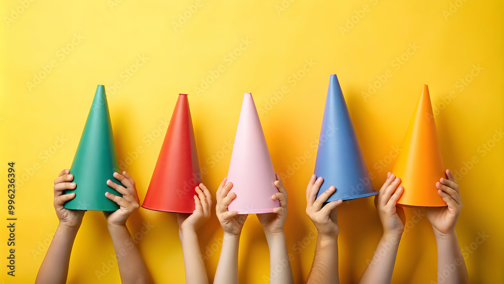 School cones being held by child hands on a light yellow background ...