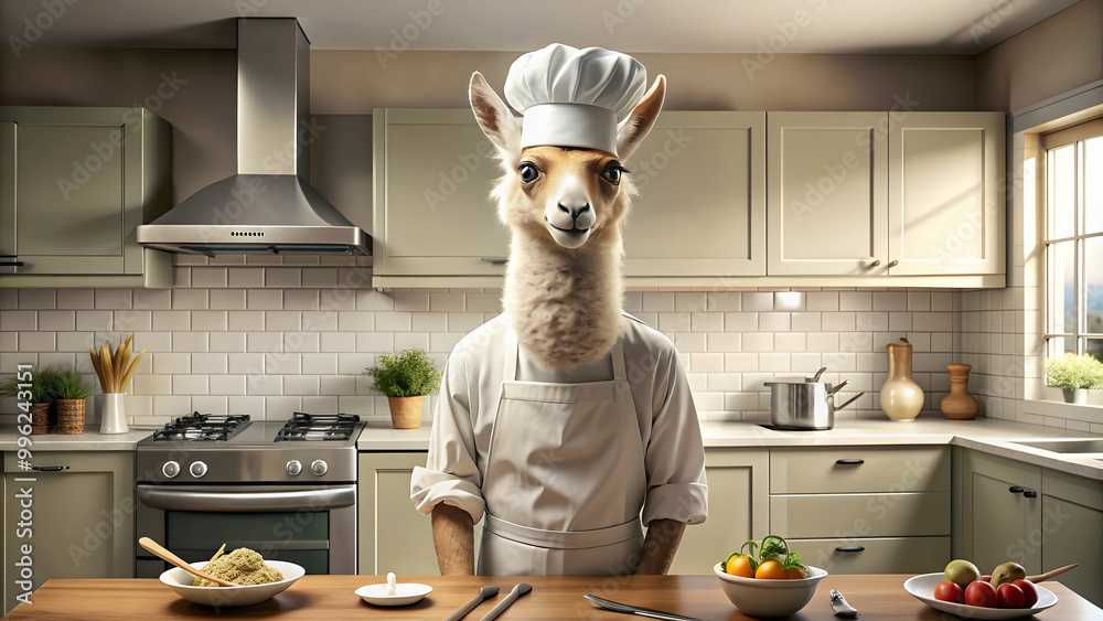 Character concept of a lama dressed as a chef with a chef's hat and ...