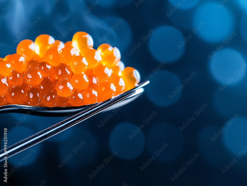 Caviar pearls made from alginate and fruit juice on a silver spoon ...