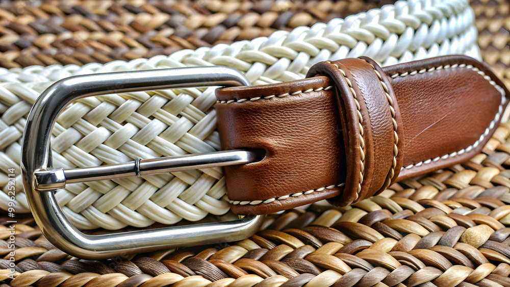 Brown leather belts mesh seamlessly with white braided cloth, creating ...