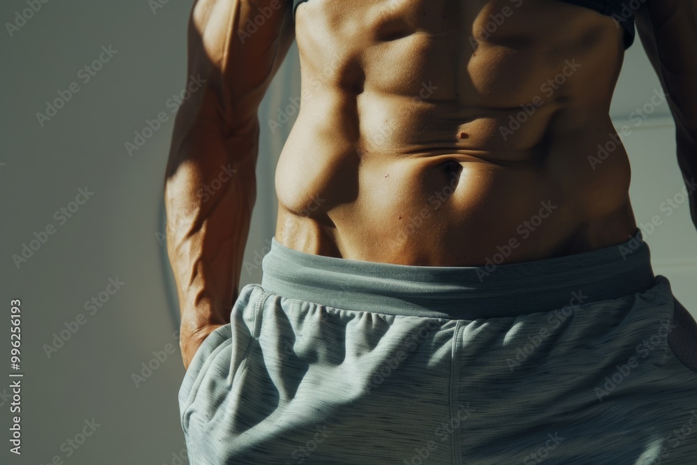 Defined musculature of a fit person, highlighting the strong abs and ...