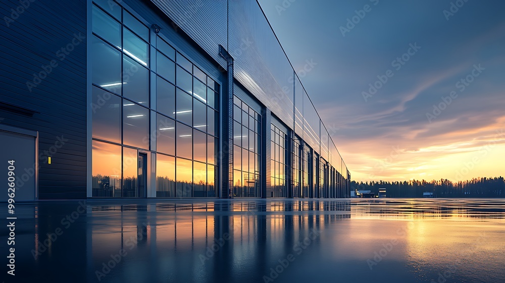 Modern industrial warehouse building with glass windows and wet ...