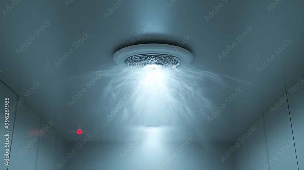 A ceiling sprinkler system releasing water. This image is useful for ...