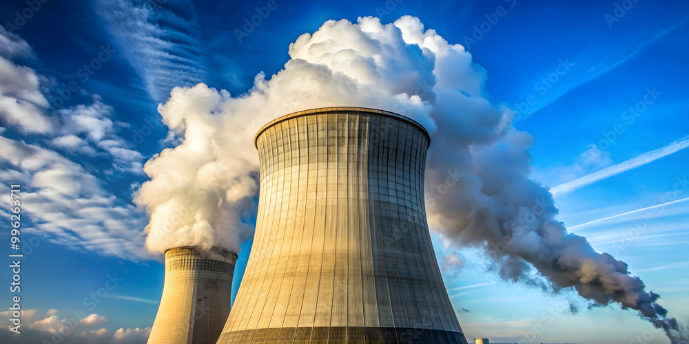 Industrial cooling tower releasing steam with a blue sky background ...