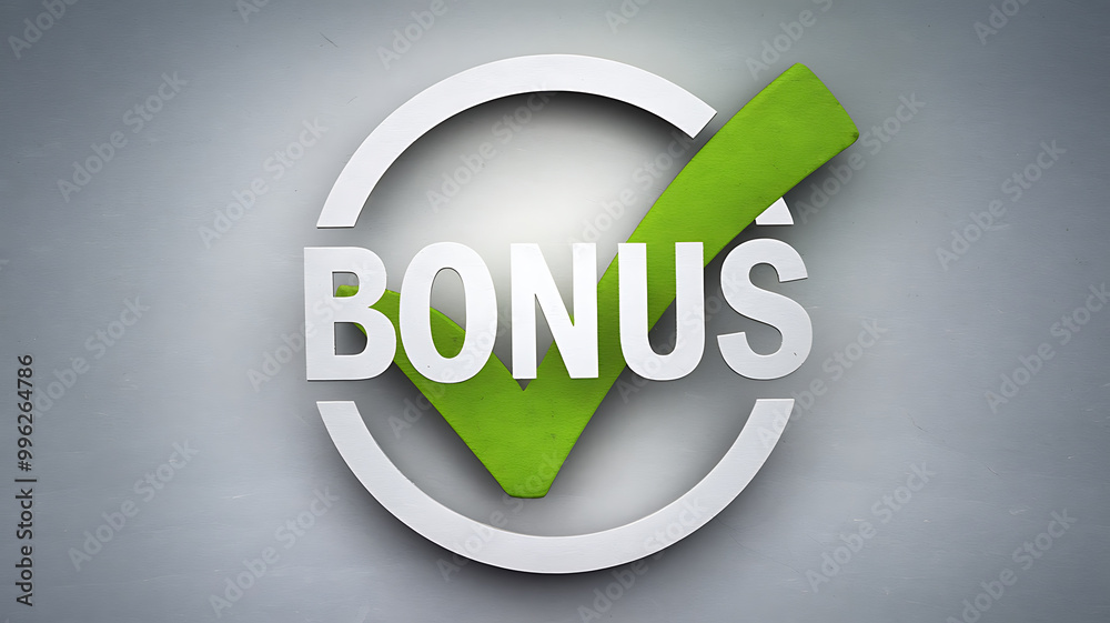 Green checkmark and white BONUS text in circle on gray background ...