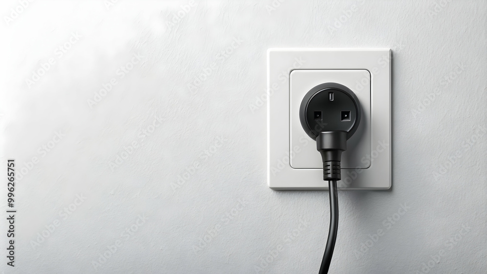 Black plug plugged into white wall socket connected to power lines ...