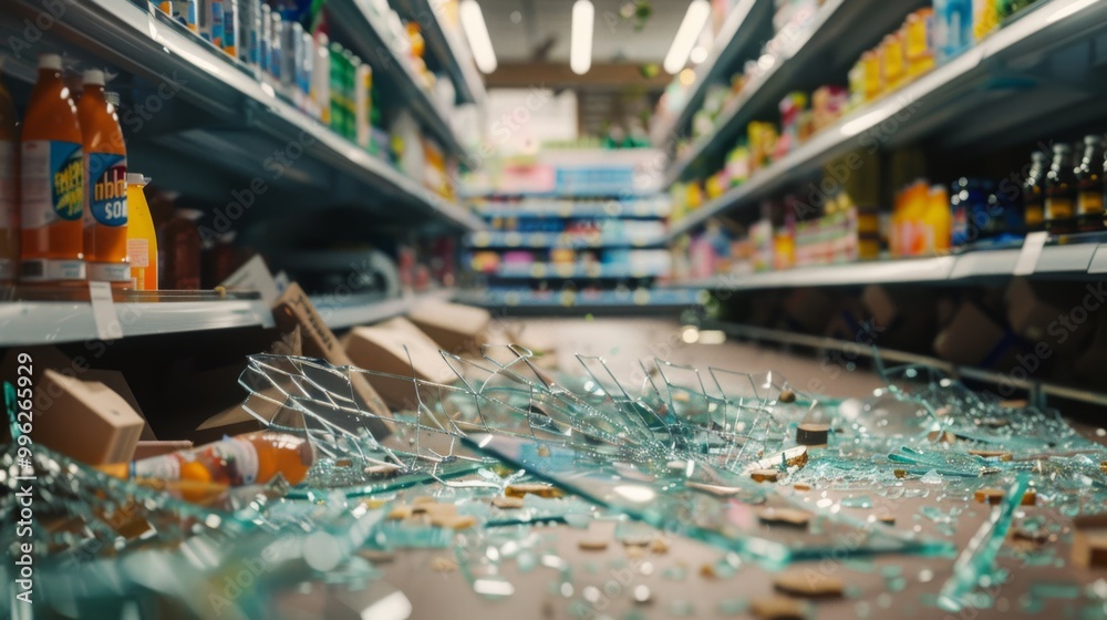 A chaotic supermarket aisle with shattered glass and scattered items ...