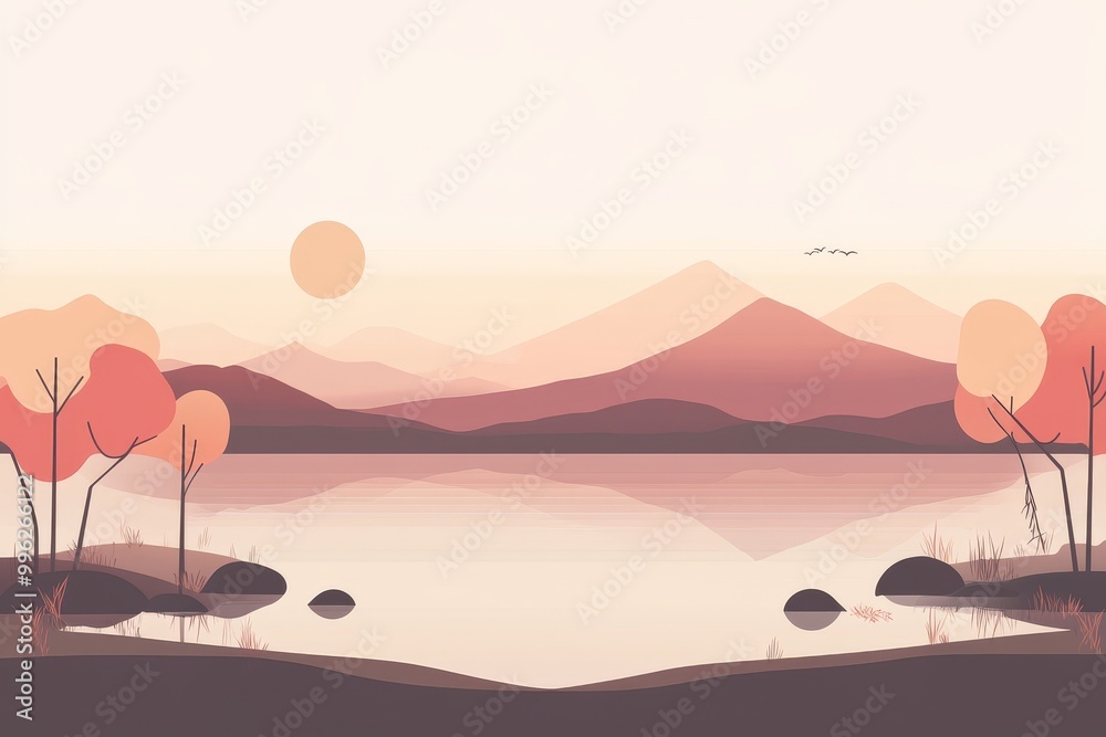 Stock illustration of minimal landscape scenery with one tree ...