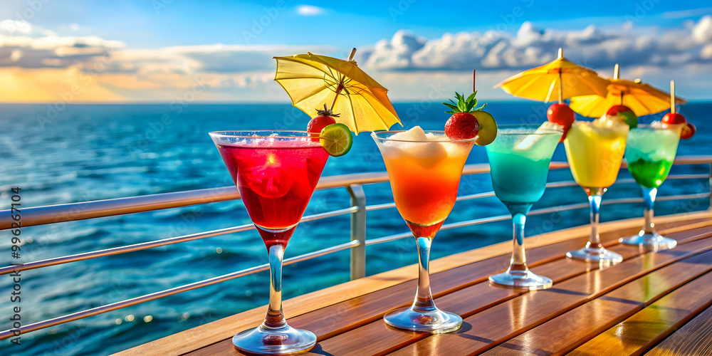 Colorful cocktails with ice cubes and umbrella on cruise ship deck with ...