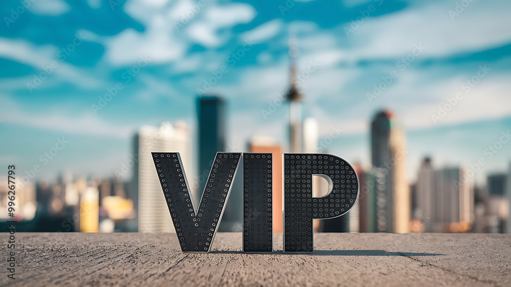 Black VIP letters on rooftop with city skyline background, exclusive ...