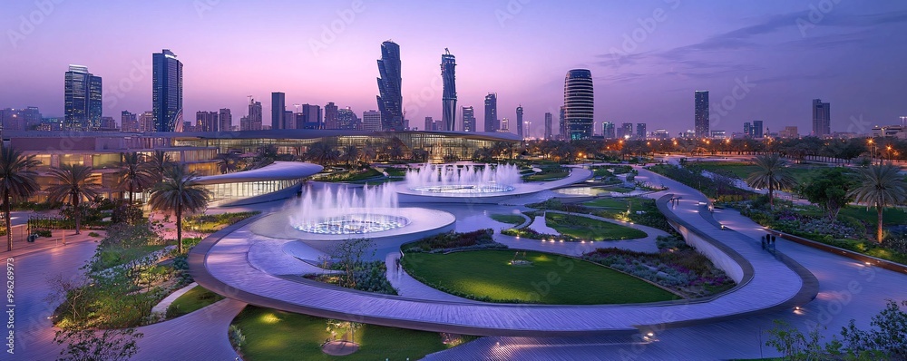 Al Shaheed Park at Dusk The beautiful modern park with its sleek ...