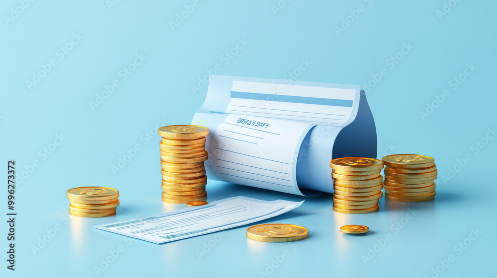 A 3D illustration of a bank cheque with money coins and a fund transfer ...