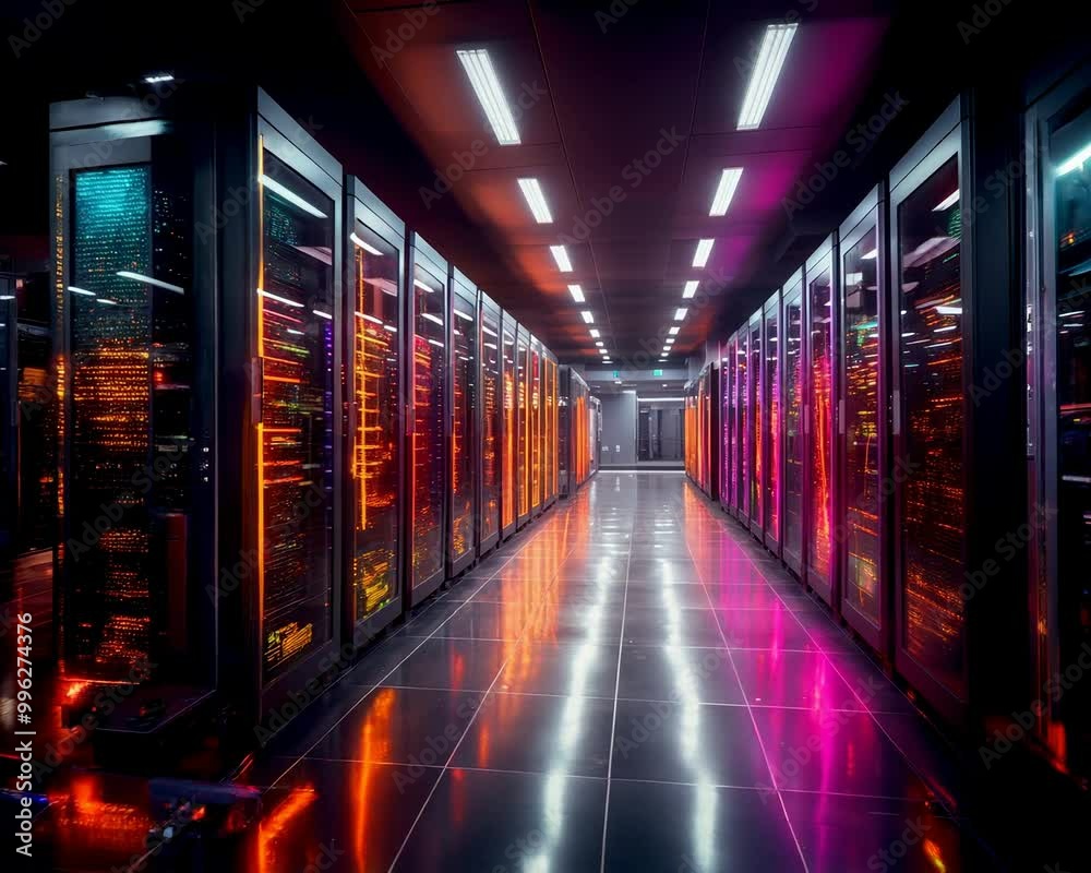 Exploring the vibrant corridors of a modern data center at night Stock ...