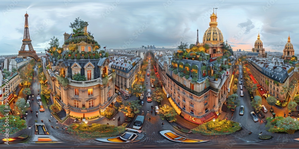 An immersive 360-degree equirectangular panorama of Paris in the future ...
