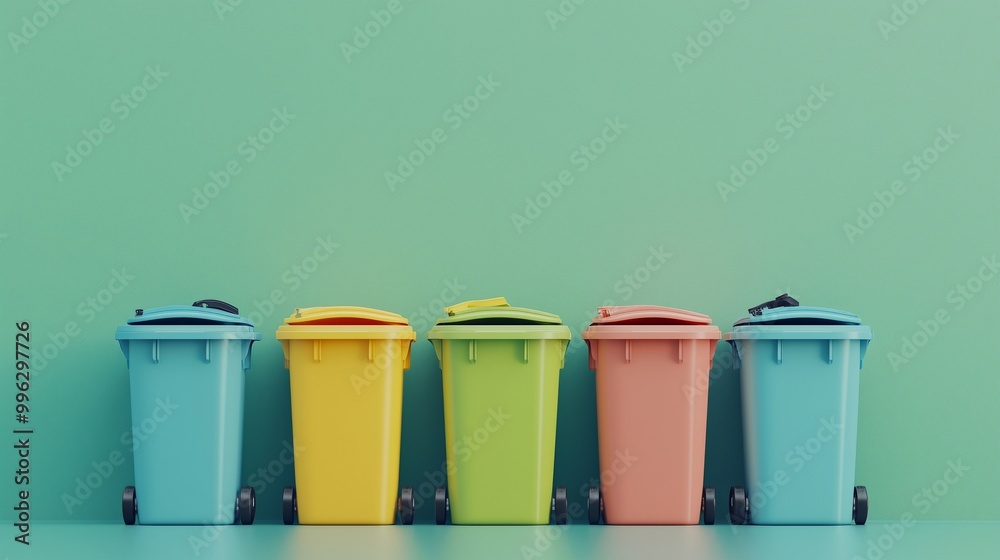 Pastel colorful plastic bins for different waste types on green ...