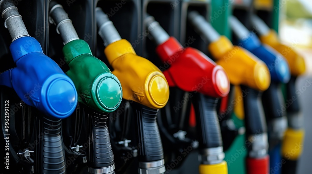 Fuel crane gaz equipment filling guns at the gas station. Colorfull ...