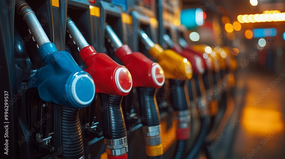 Fuel crane gaz equipment filling guns at the gas station. Colorfull ...
