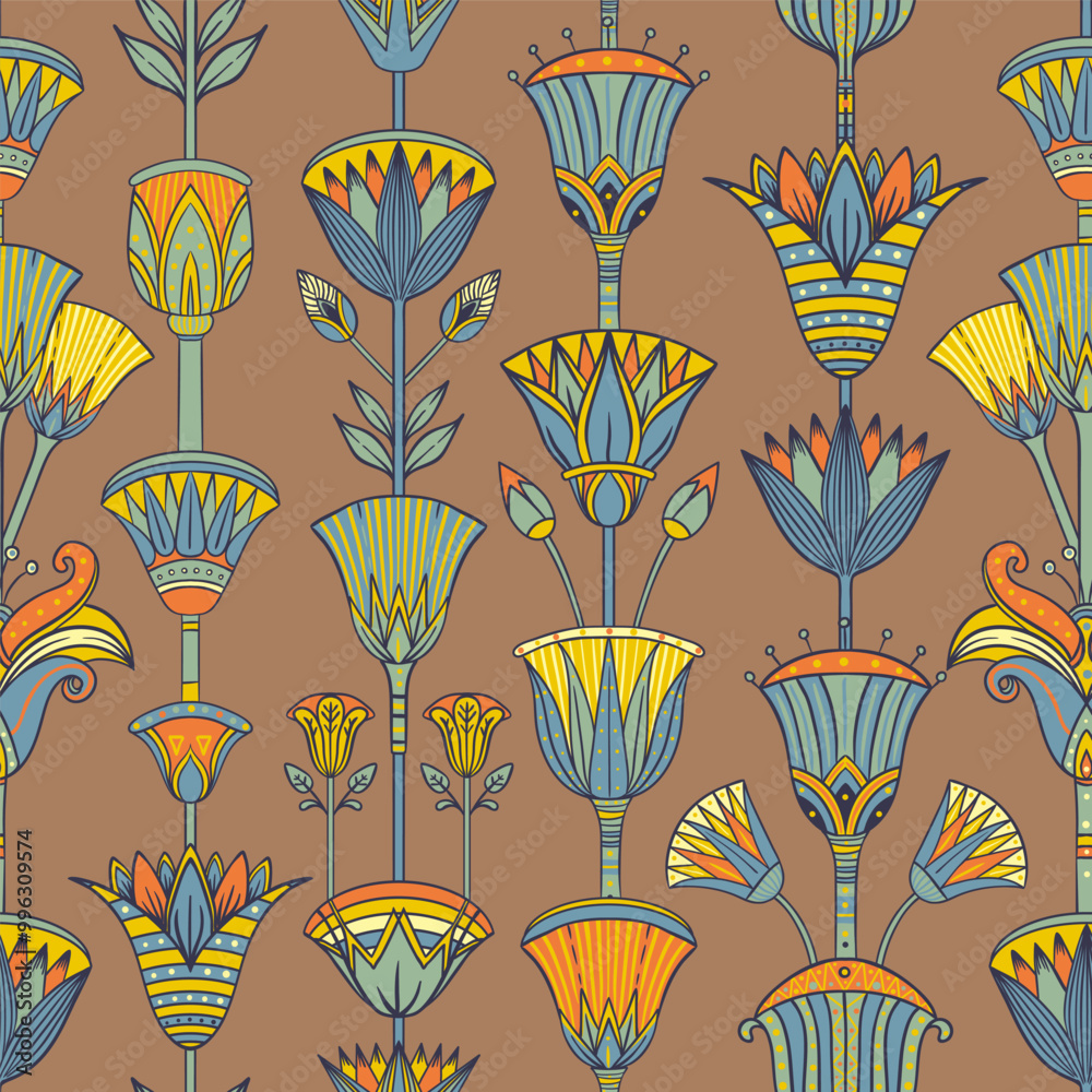 Seamless vector pattern of ancient Egyptian lotus flower. Repeating ...