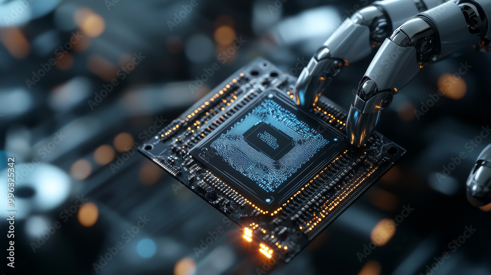 Futuristic technology concept featuring a modern robotic arm holding a ...