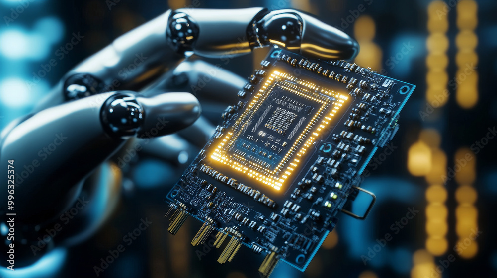 Futuristic technology concept featuring a modern robotic arm holding a ...