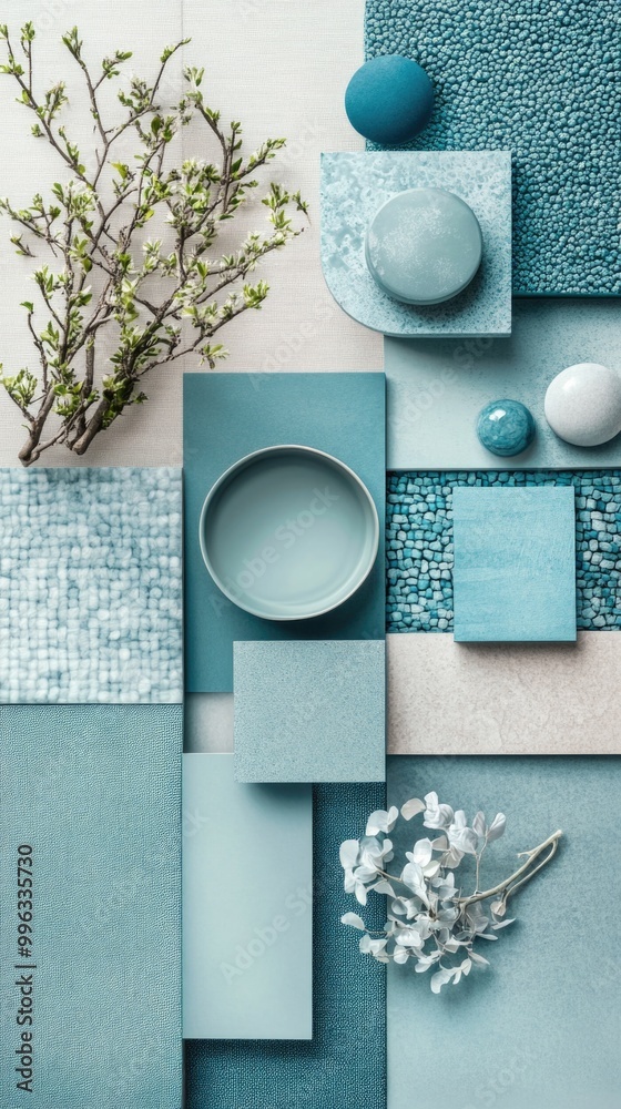 Flat lay composition in teal blue, light blue, light gray color palette ...